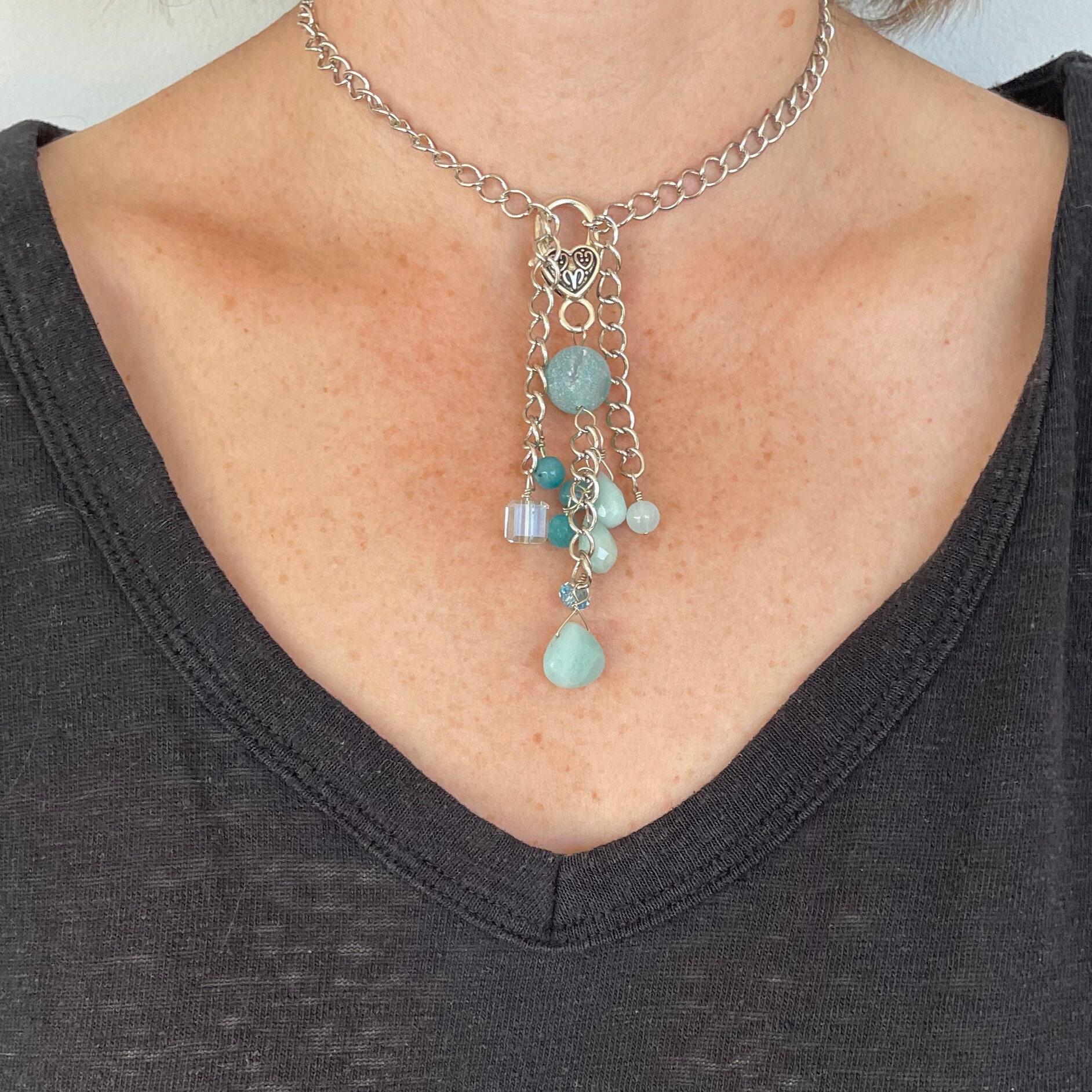 Petite Asymmetrical Blue Agate, Aventurine, Swarovski Crystal Beads ...