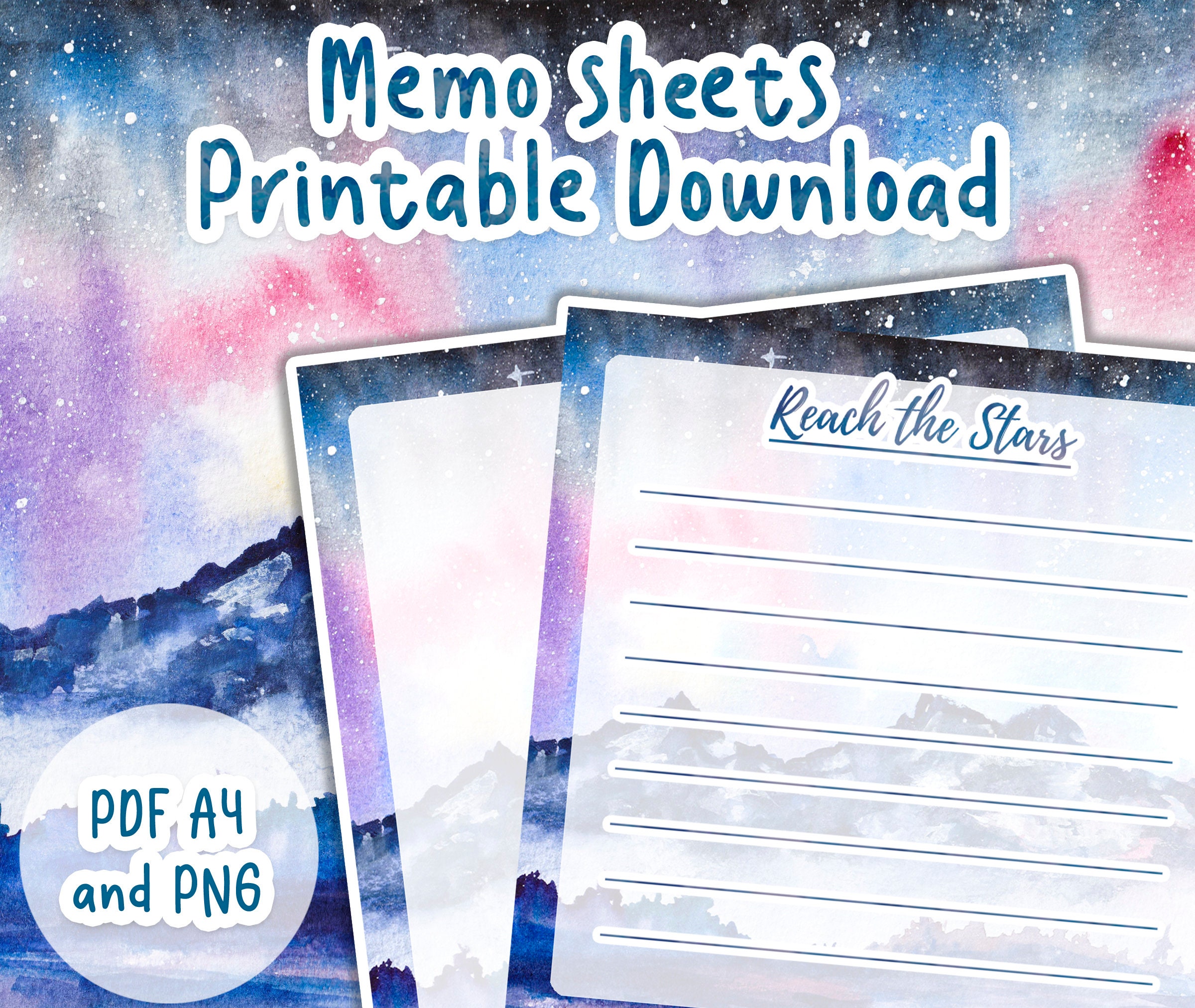 Printable Memo Sheet Stars and Mountains Watercolor Scenery Landscape ...