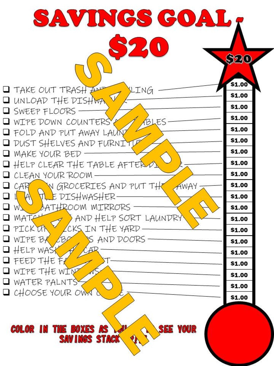 Money Saving Chore Chart for Kids With 20 Dollar Savings Goal - Etsy