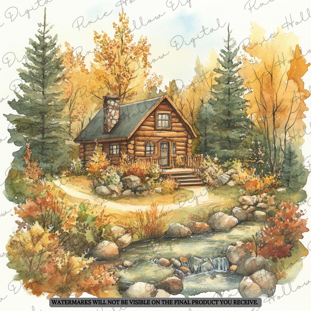 Clip Art Bundle: 15 Fall Log Cabin Pngs for Junk Journaling, Card ...