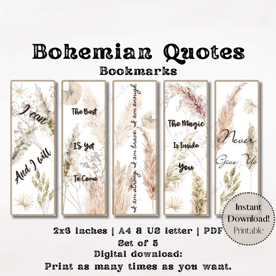 Printable Bookmarks, Inspirational Bohemian Style Quotes Bookmarks ...
