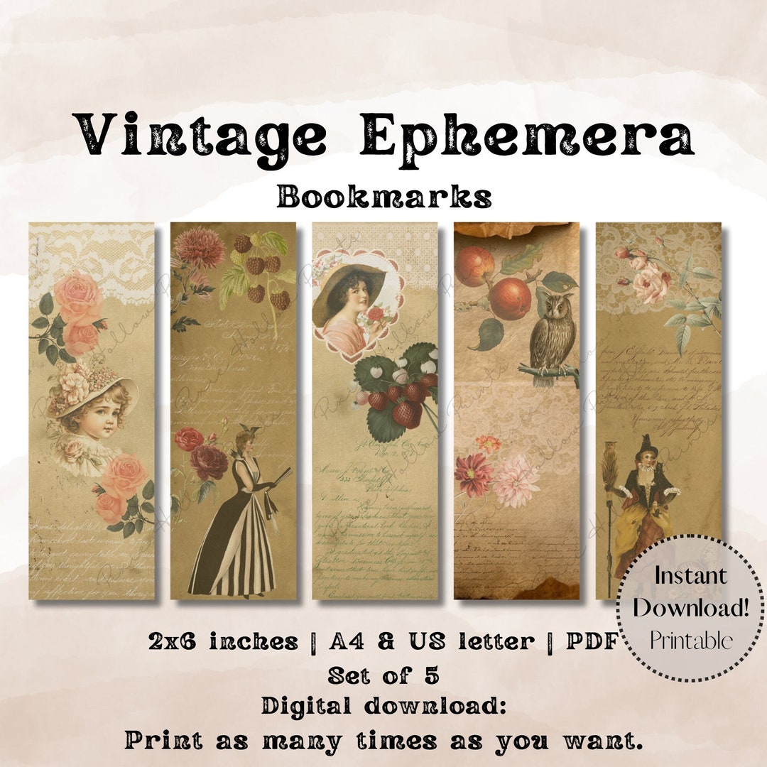 Vintage Ephemera Bookmarks, Antique Inspired Printable Bookmarks, Set ...