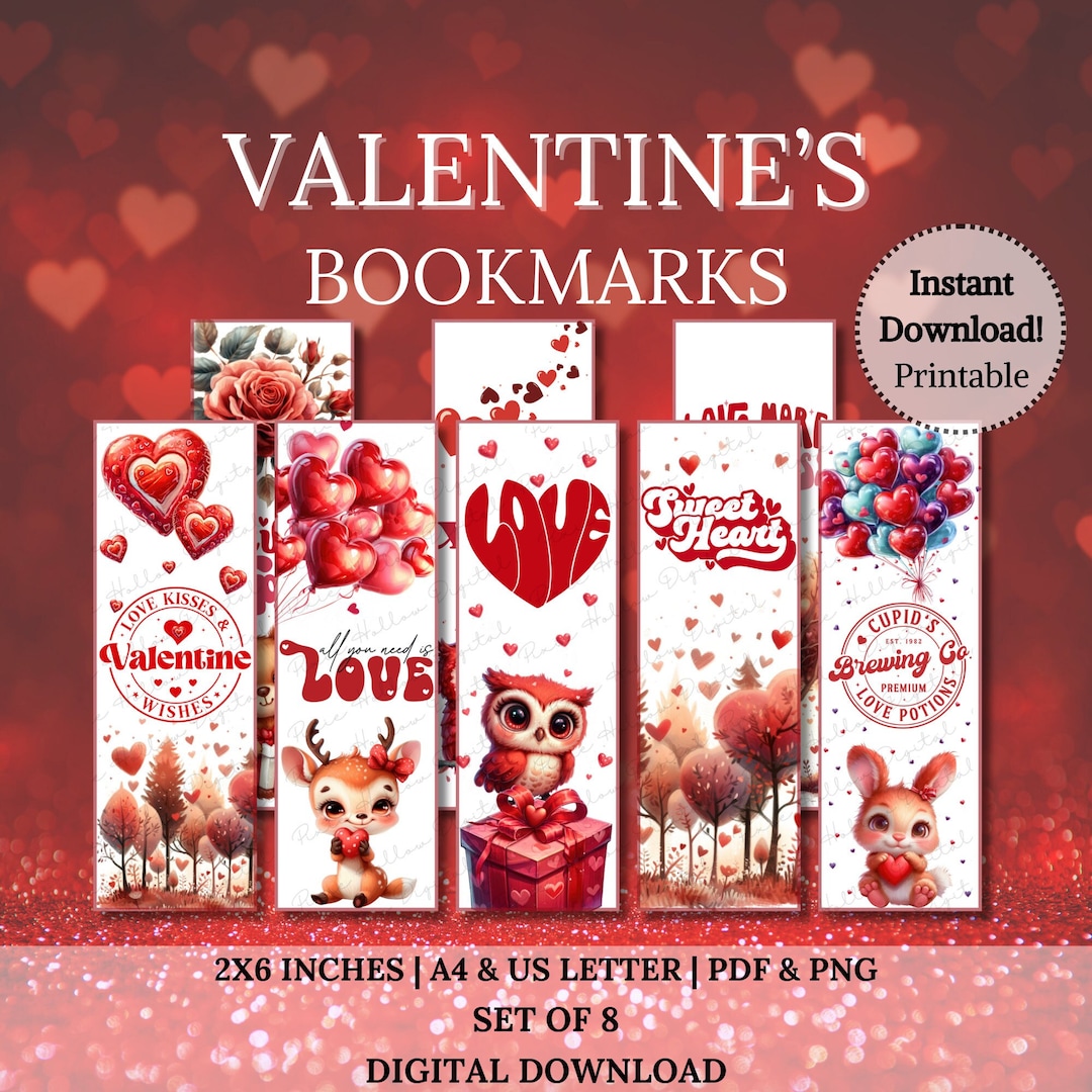 Valentine's Day Bookmarks Printable Gift, Romantic Bookmark Bundle for ...