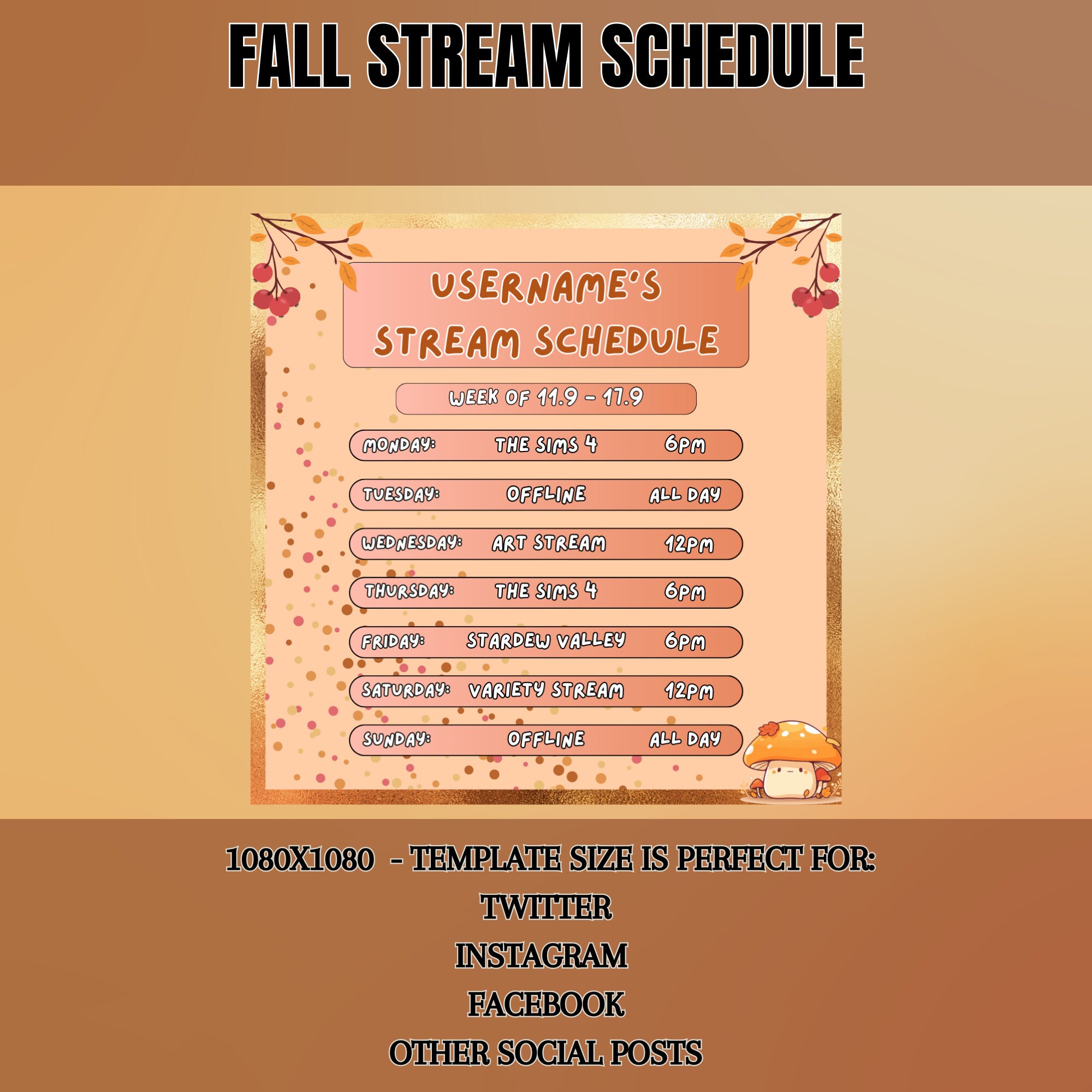 Stream Schedule Fall Template Weekly Vtuber Stream Planner Editable ...