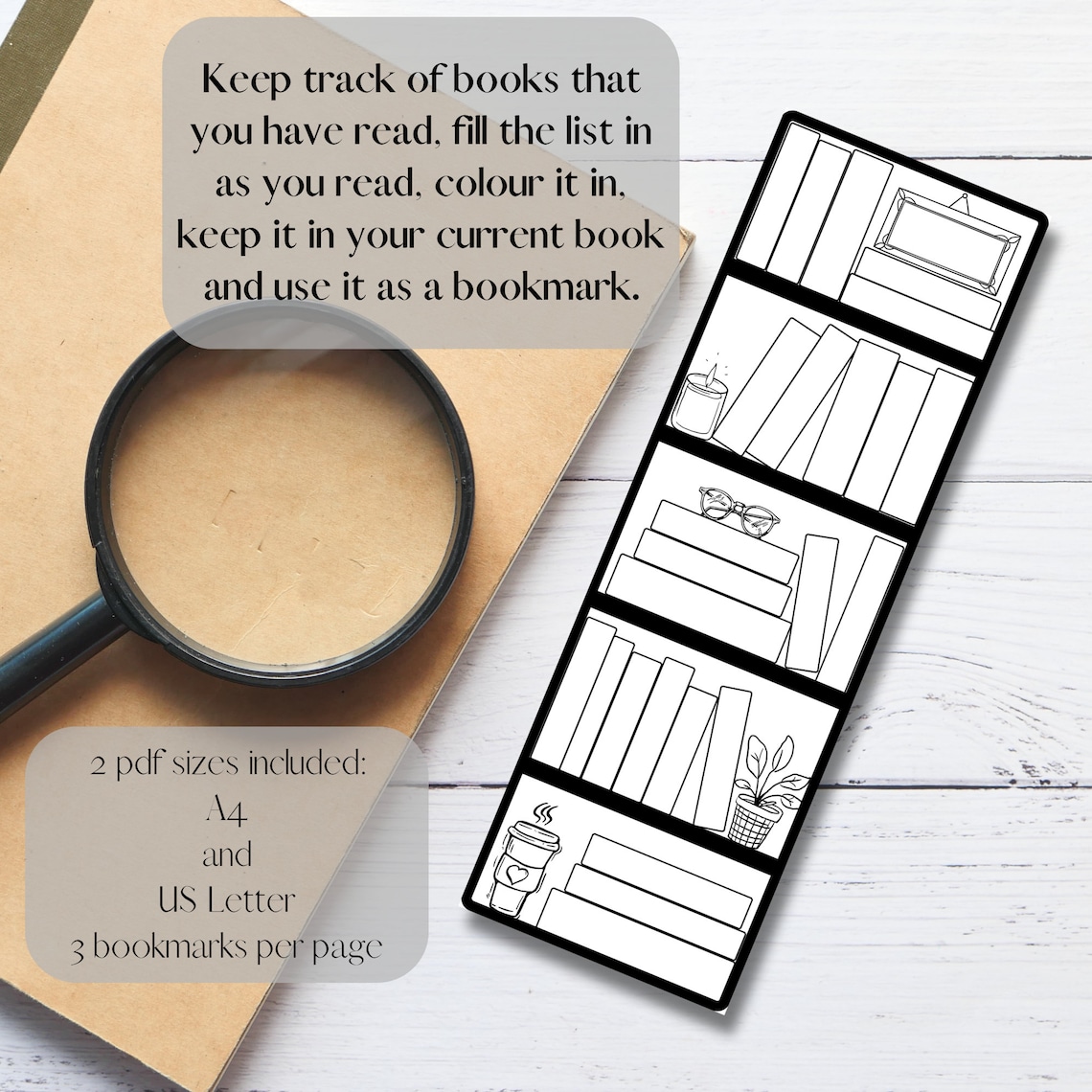 Bookcase Bookmarks Printable Bookshelf Coloring Bookmark, Gift for Her ...