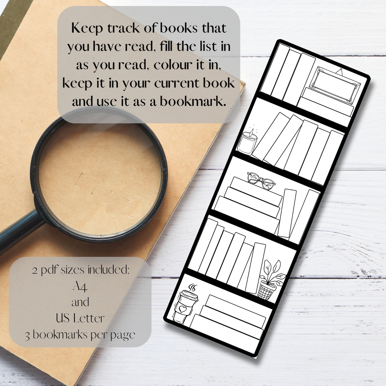 Bookcase Bookmarks Printable Bookshelf Coloring Bookmark, Gift for Her ...