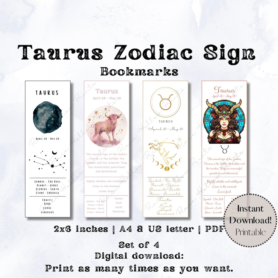 Taurus Zodiac Bookmarks, Star Sign Art, Set of 4 (digital Download) - Etsy