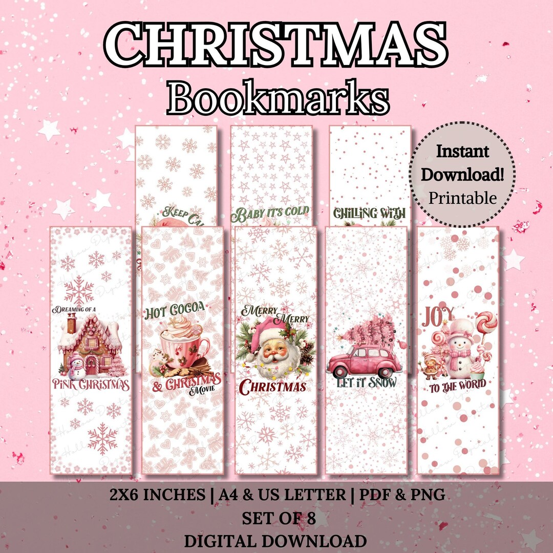 Pink Christmas Bookmarks: 8 Printable Festive Bookmarks for Book Lovers ...