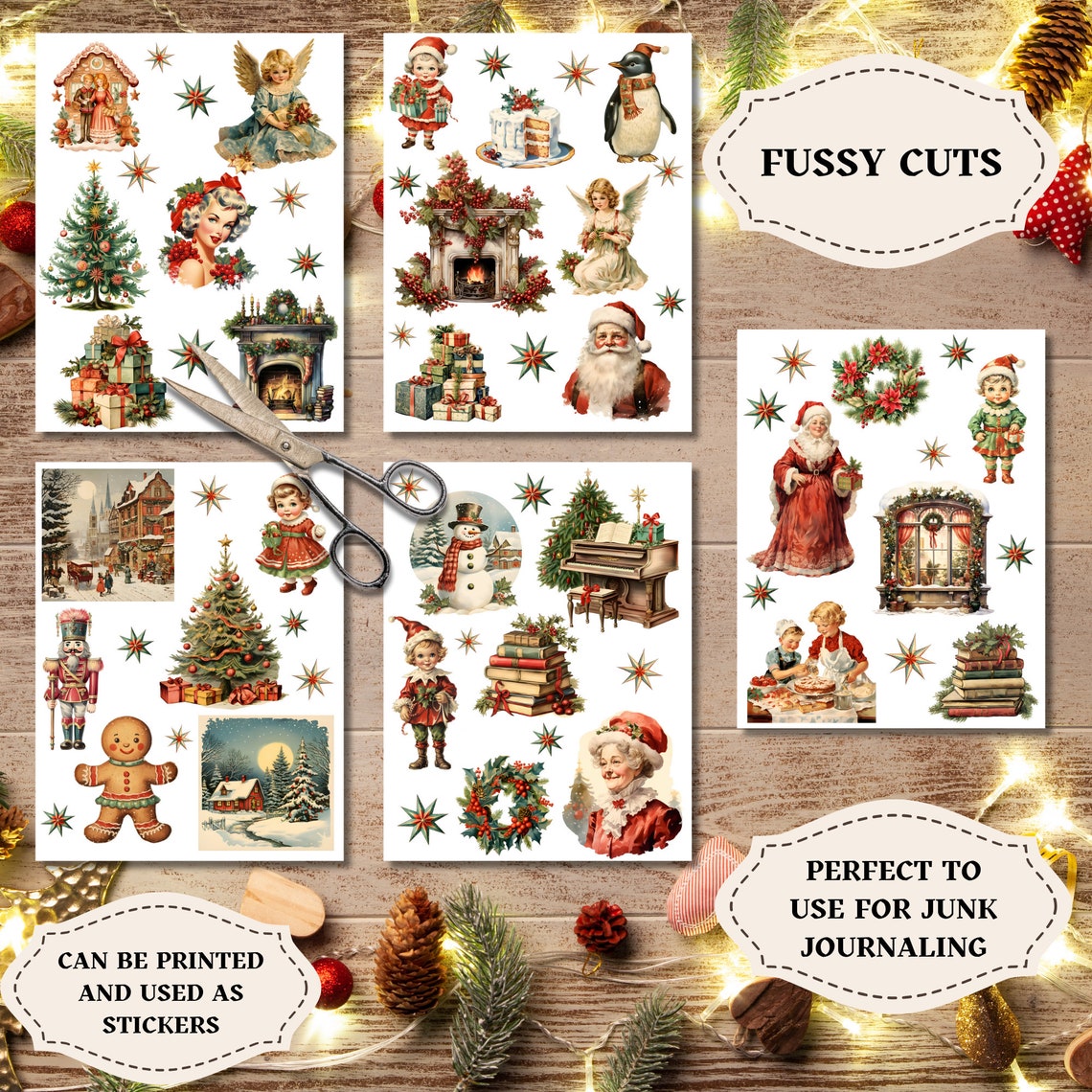 Fussy Cuts: Vintage Christmas, Printable Retro Stickers for Journaling ...