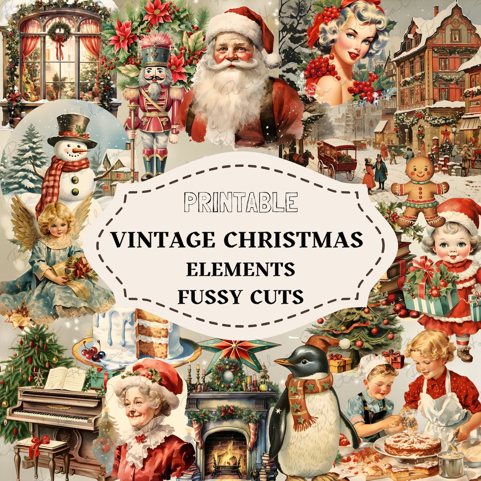 Fussy Cuts: Vintage Christmas, Printable Retro Stickers for Journaling ...