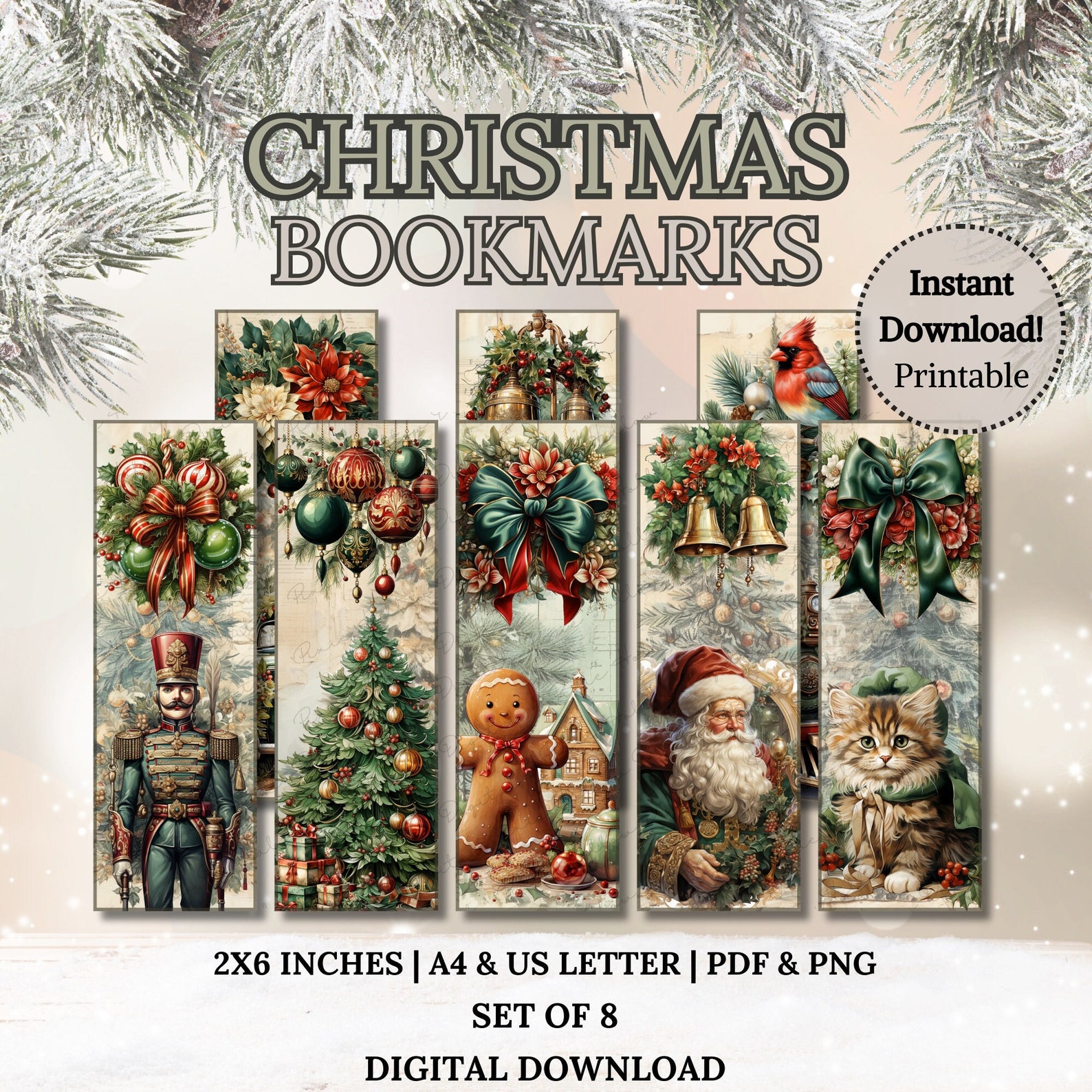 Christmas Bookmarks Printable Set of 8, Vintage Holiday Reading ...