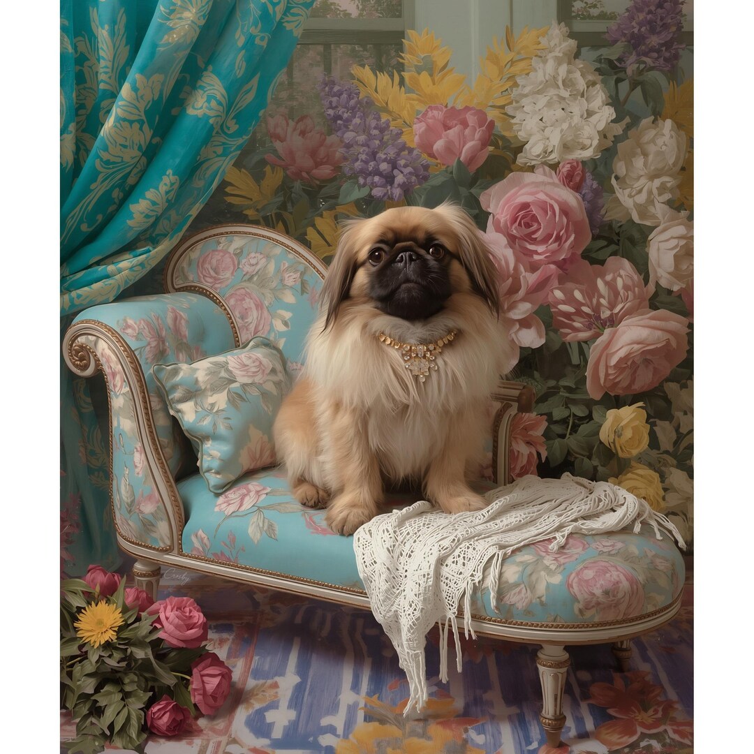 Framed Pekingese Dog Art Print – Elegant, Romantic Garden Veranda ...