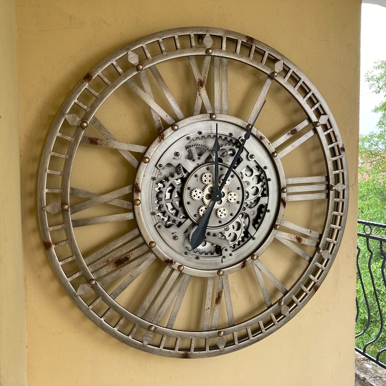 Large Industrial Wall Clock With Real Moving Gears Vintage Style Metal ...