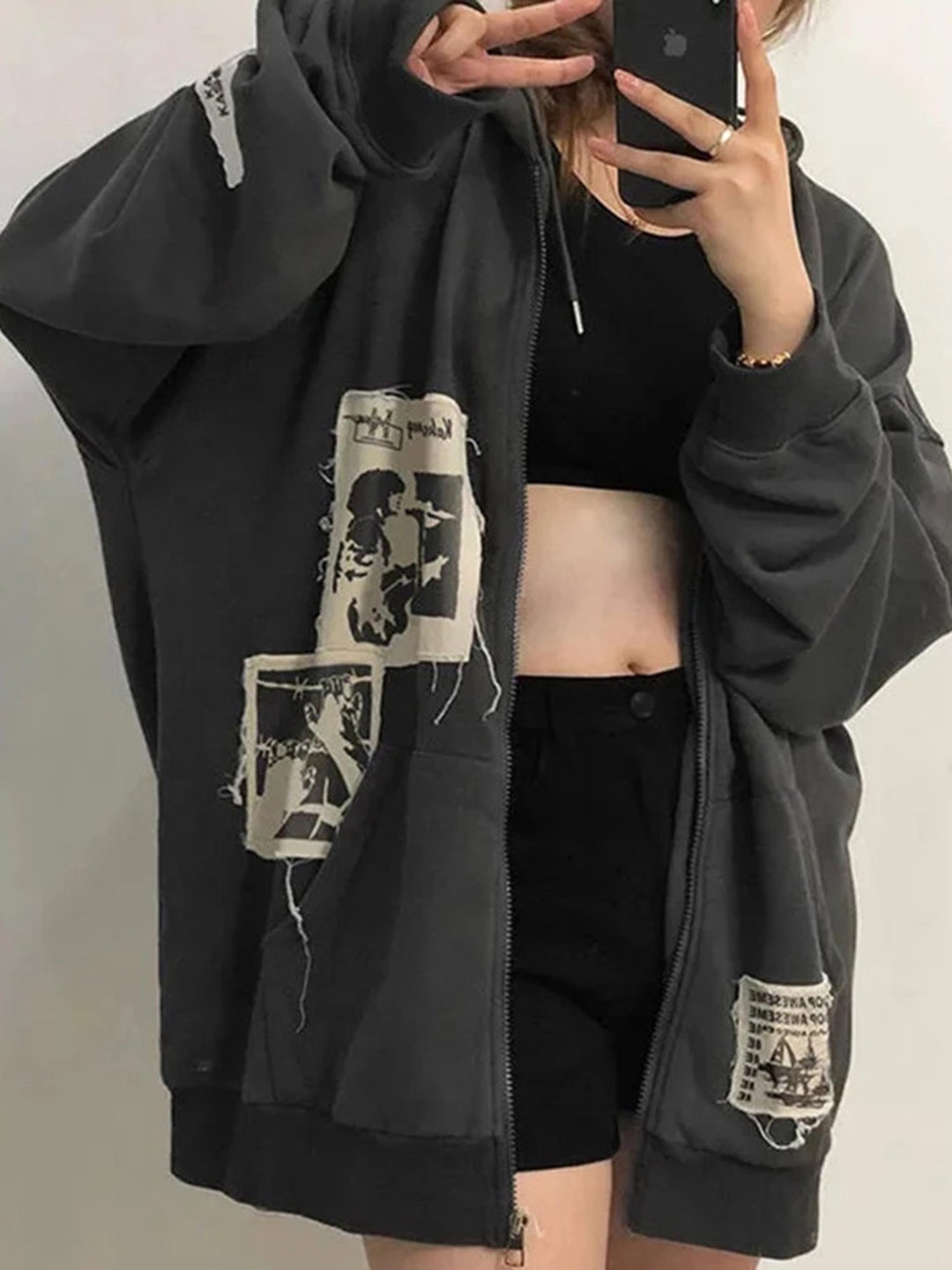Vintage Zip Up Hoodie Streetwear Fashion Brown Graffiti Print Grunge Y2k Style Etsy