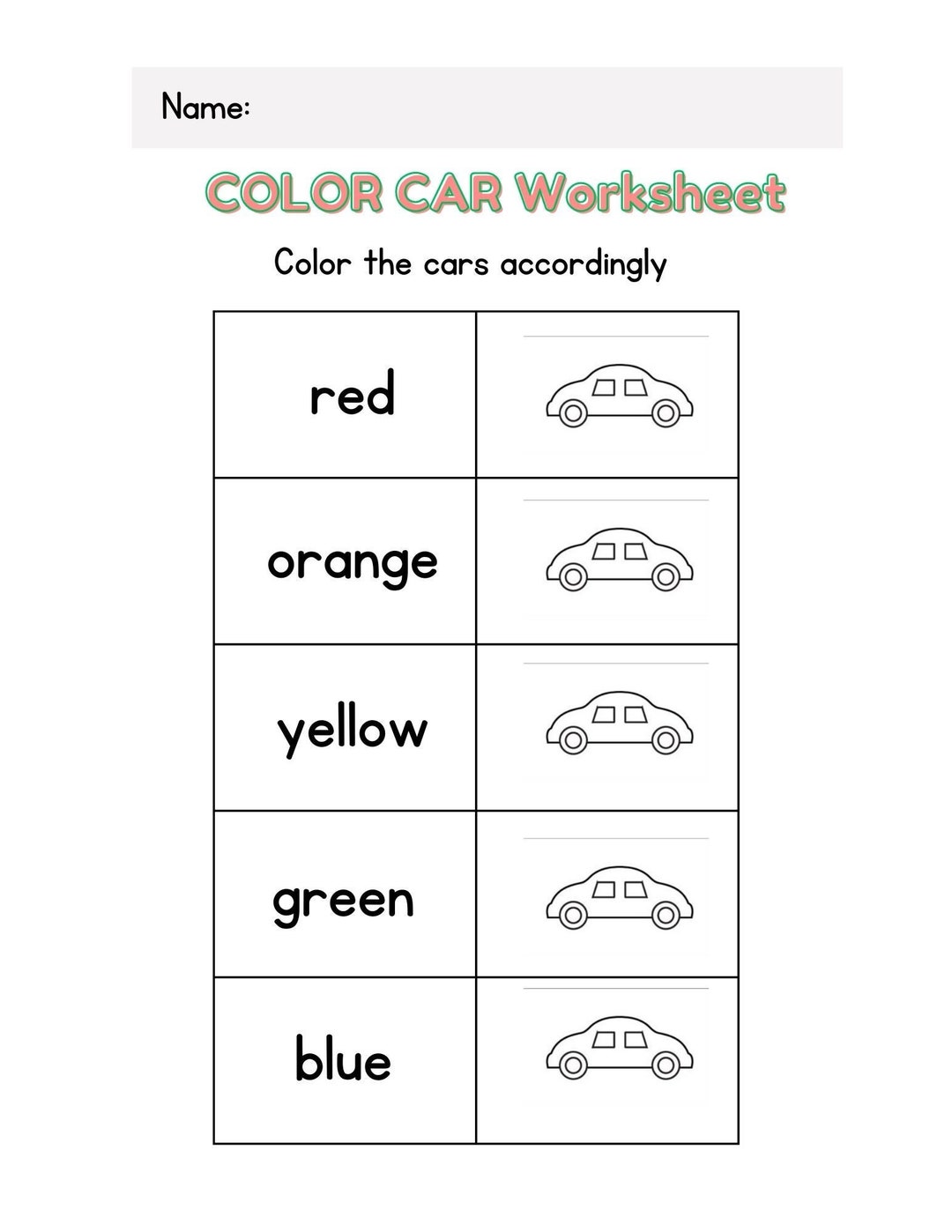 Colors and Car Worksheet - Etsy