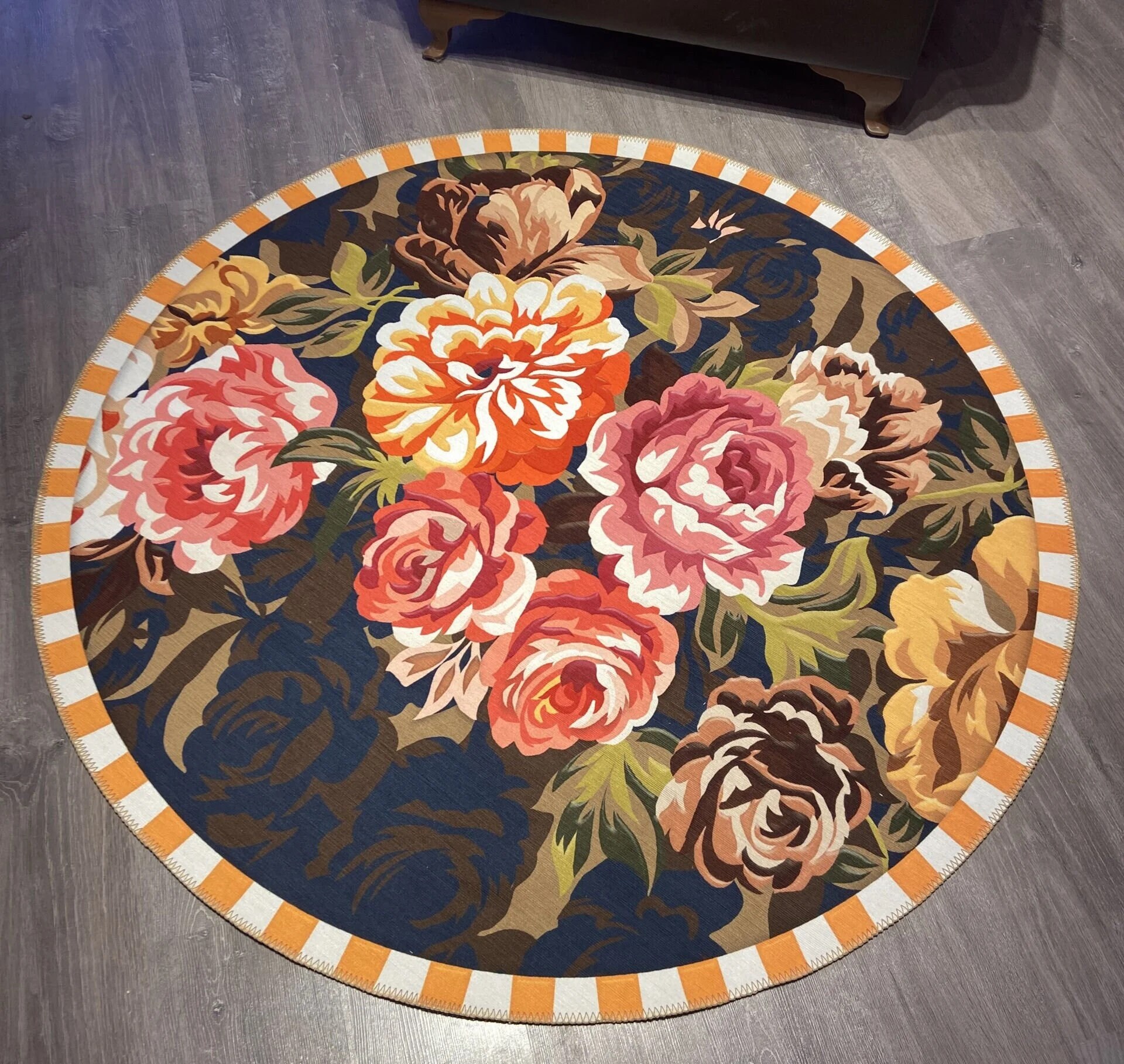 Black Floral Round Rug, Colorful Figured Rug, Kitchen Rug, Tapetto ...