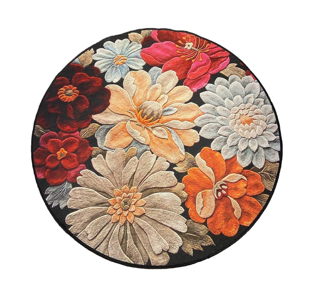 Floral Figured Rug, Colorful Round Rug, Cool Rug, Kitchen Rug, Tapetto ...