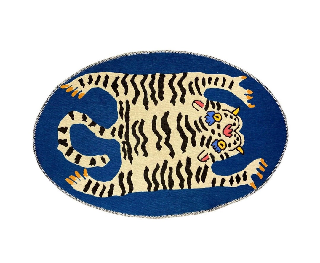 Round Tiger Rug, Blue Round Rug, Circle Blue Cat Rug, Circle Tiger Rug ...