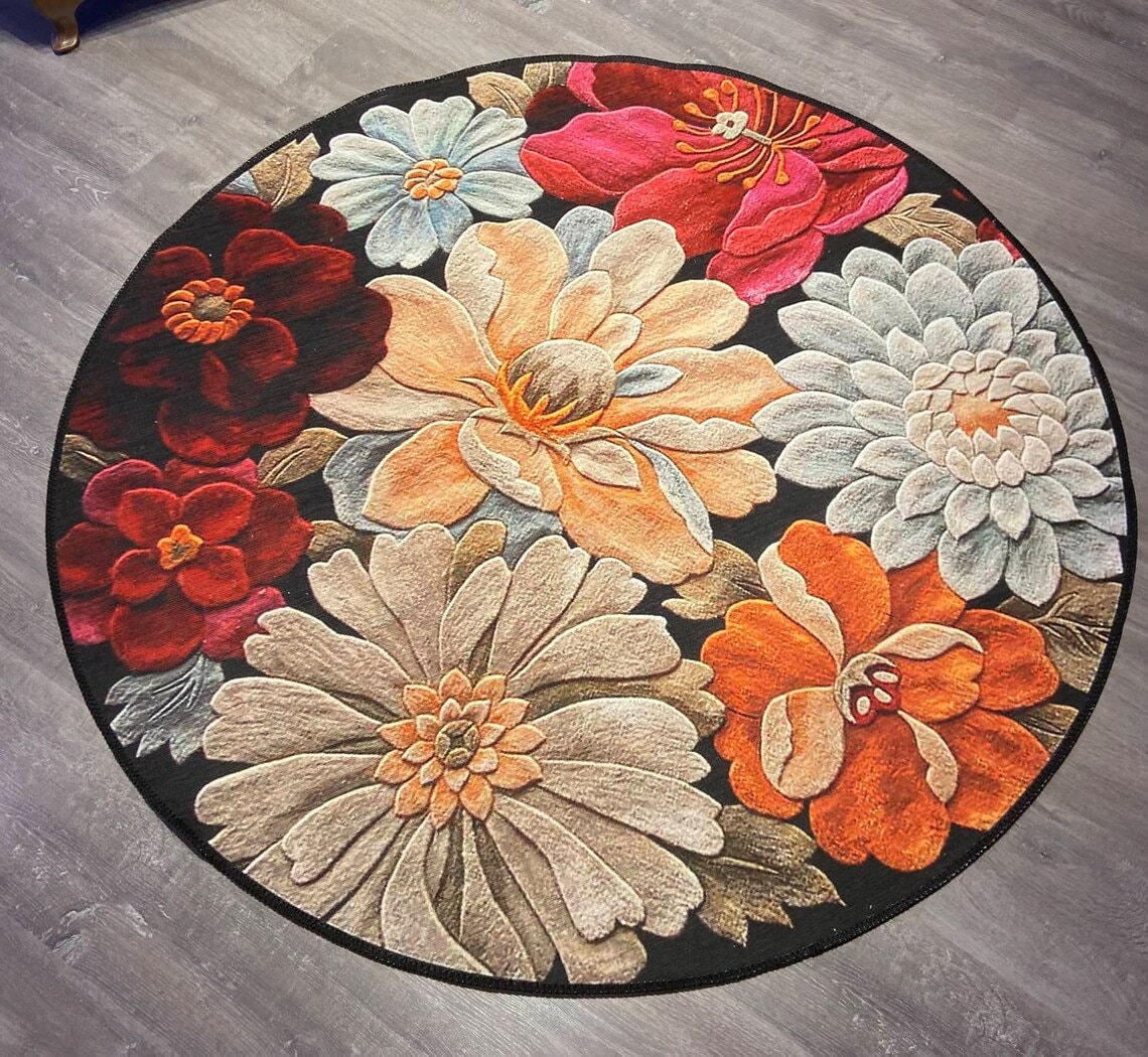 Floral Figured Rug, Colorful Round Rug, Cool Rug, Kitchen Rug, Tapetto ...