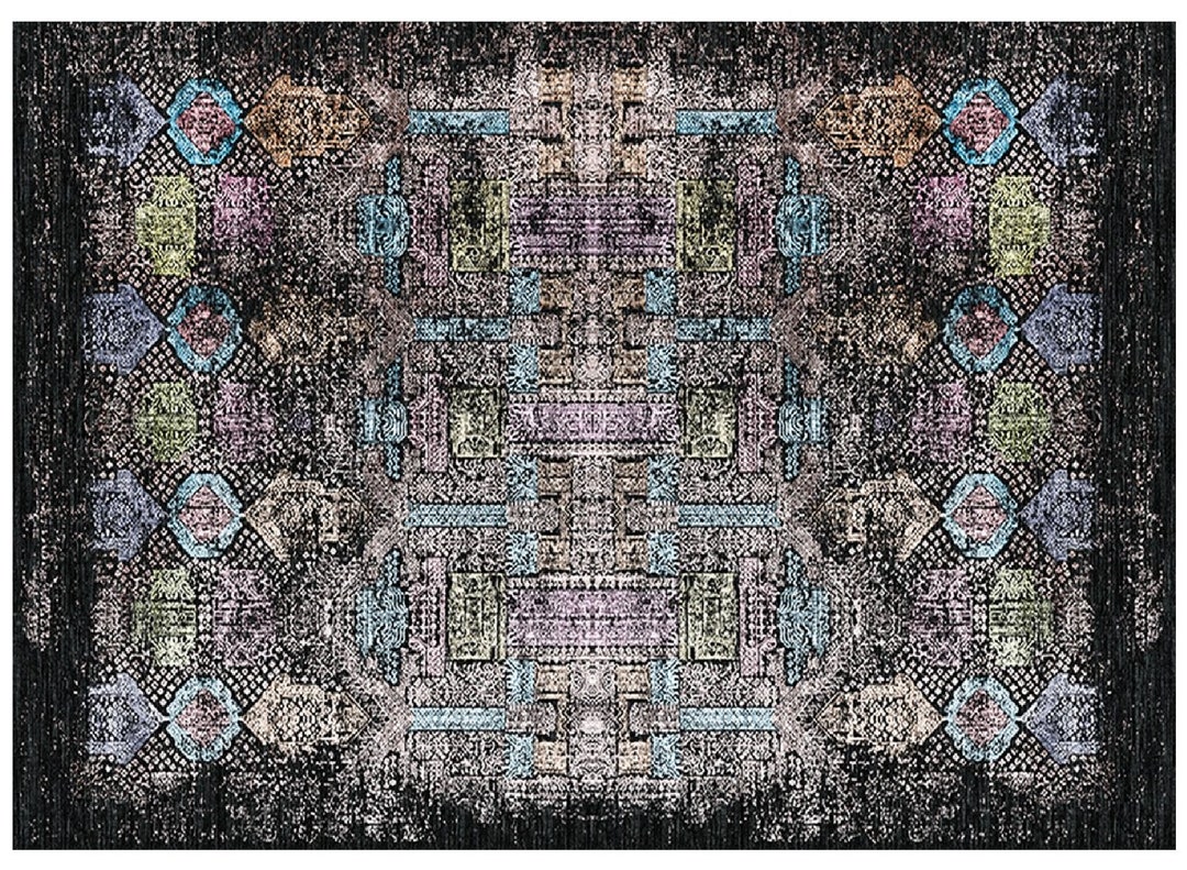 Black Multi-color Distressed Rug, Black Abstract Oriental Rug, Vintage ...