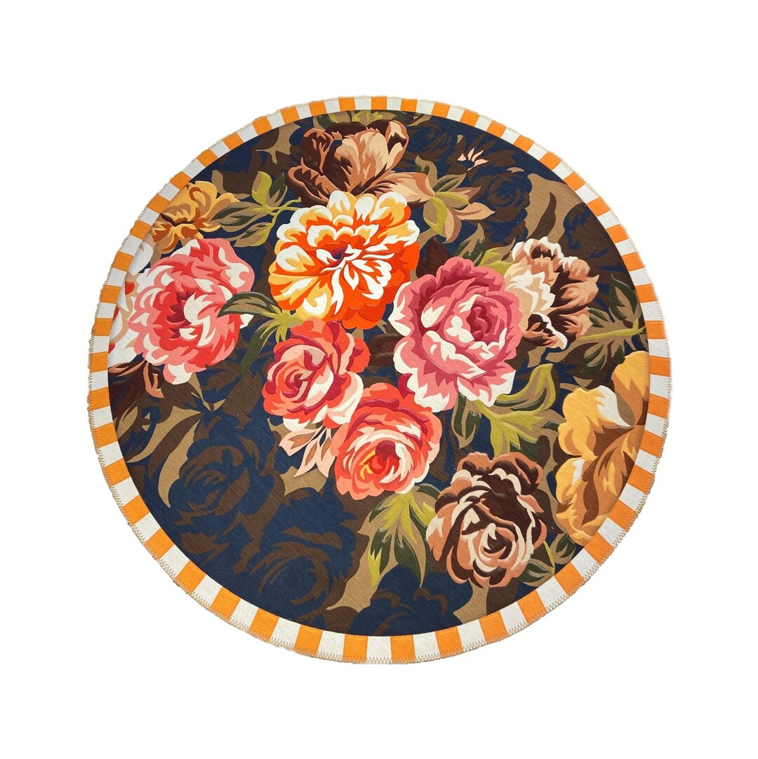 Black Floral Round Rug, Colorful Figured Rug, Kitchen Rug, Tapetto ...