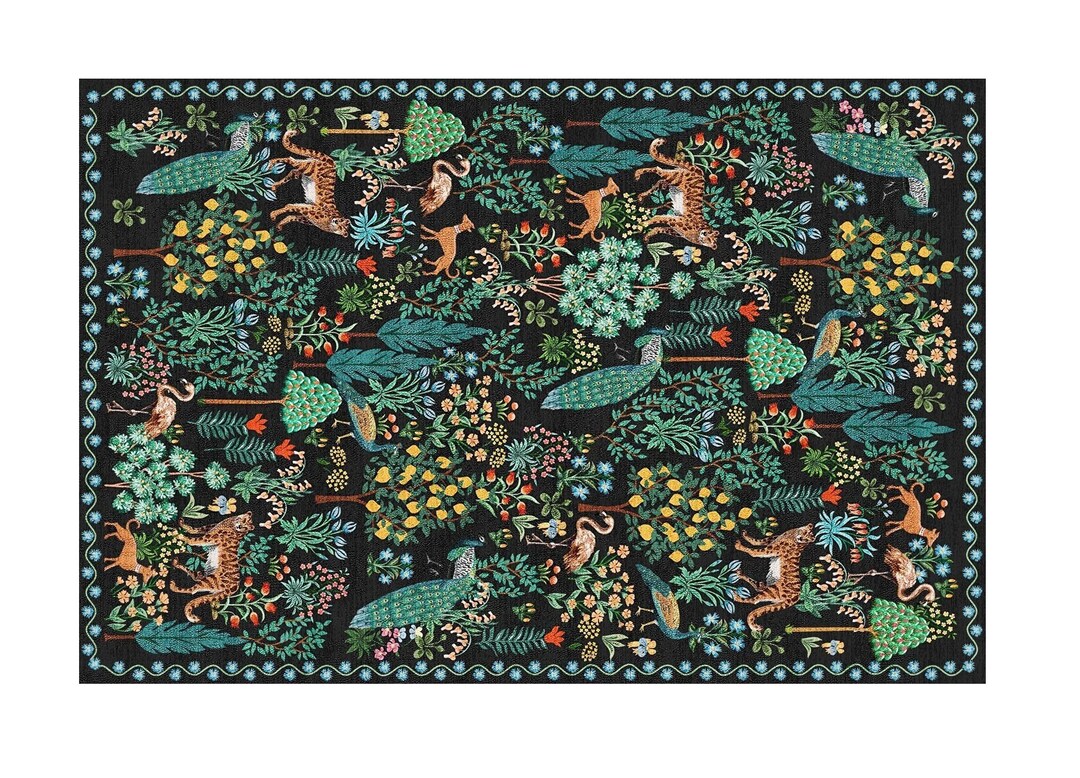 Decorative Floral Animal Print Rug, Black Botanic Print Carpet, Rugs ...