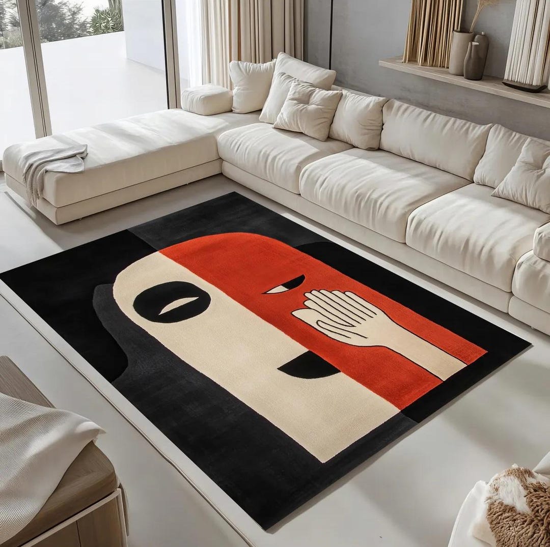 Abstract Face Figure Rug, Face Illustration Printed Carpet, Red and ...
