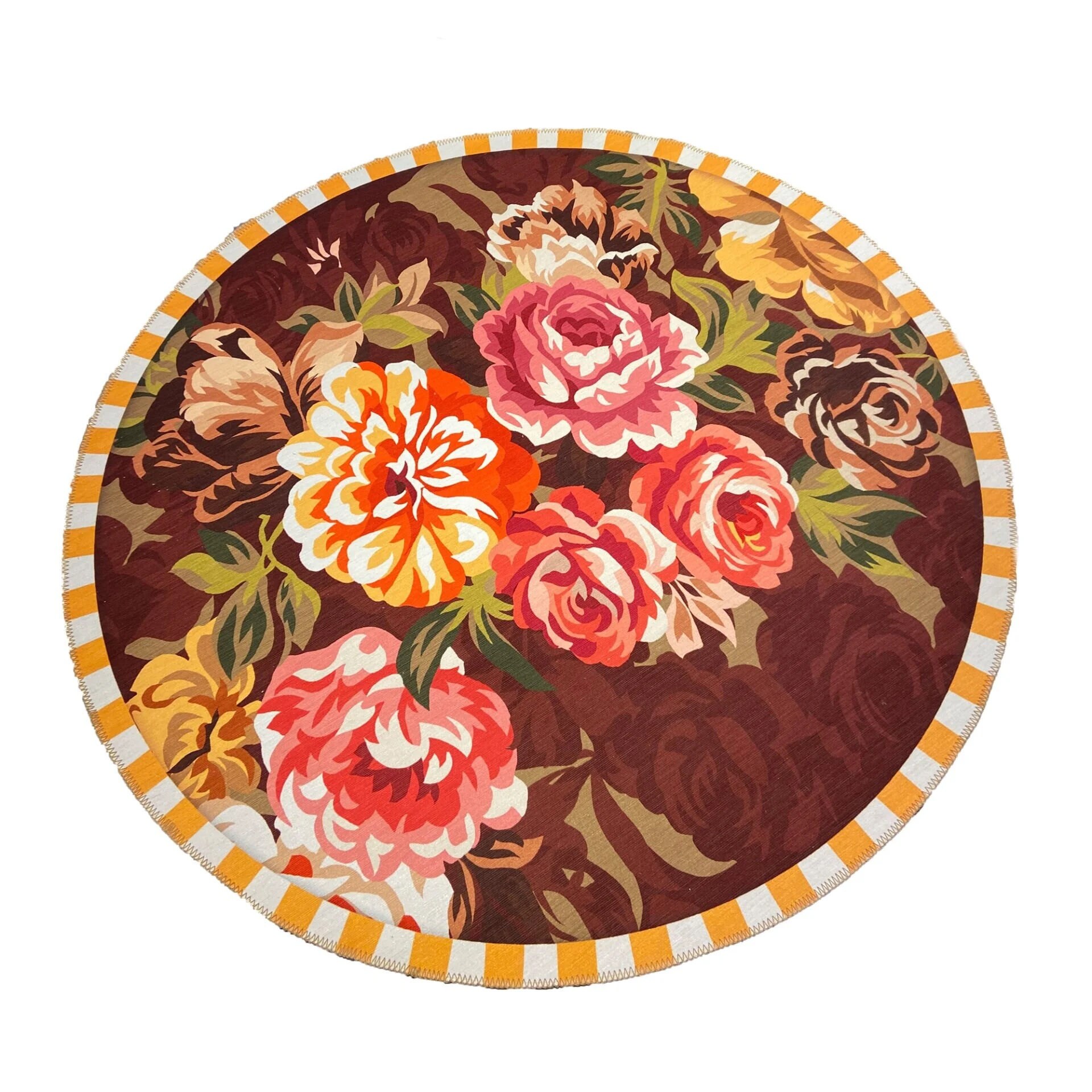 Black Floral Round Rug, Colorful Figured Rug, Kitchen Rug, Tapetto ...