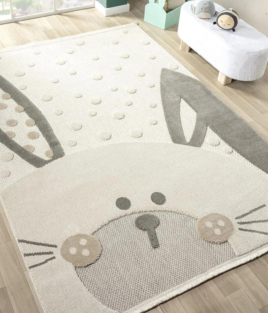 Bunny Kid's Room Rug, Cute Animal Room Carpet, White Nursery Rug, Bunny ...
