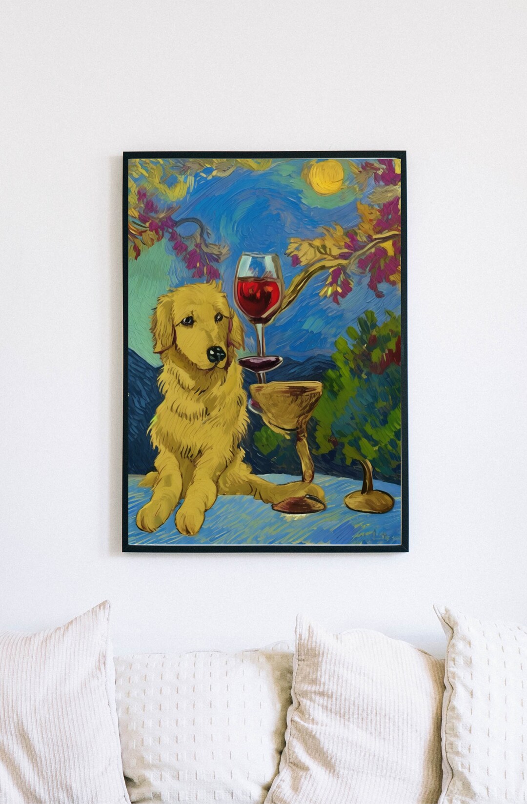 Van Gogh Inspired Golden Retriever Drinking Wine, Labrador, and Wine ...