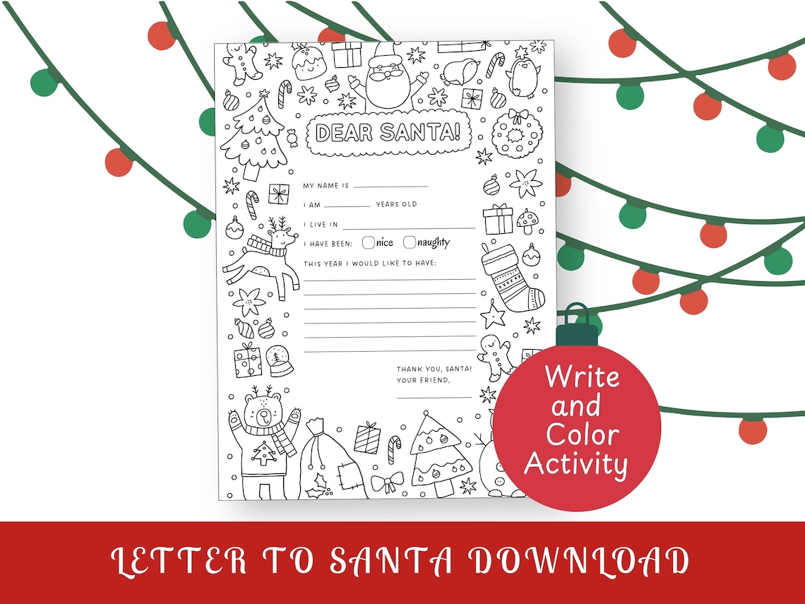 Letter to Santa Coloring Page, Printable Dear Santa Letter, Christmas ...