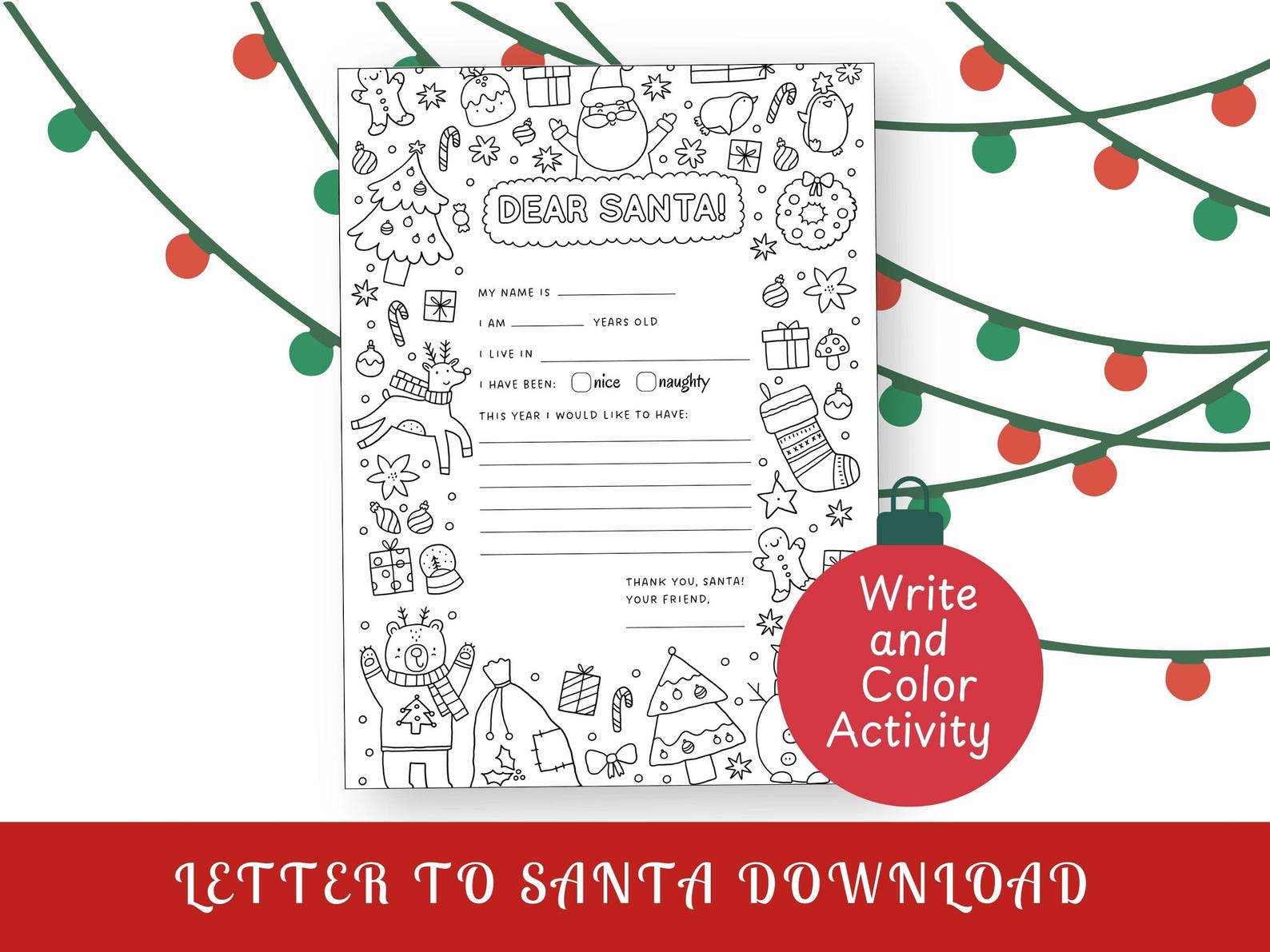 Letter to Santa Coloring Page, Printable Dear Santa Letter, Christmas ...