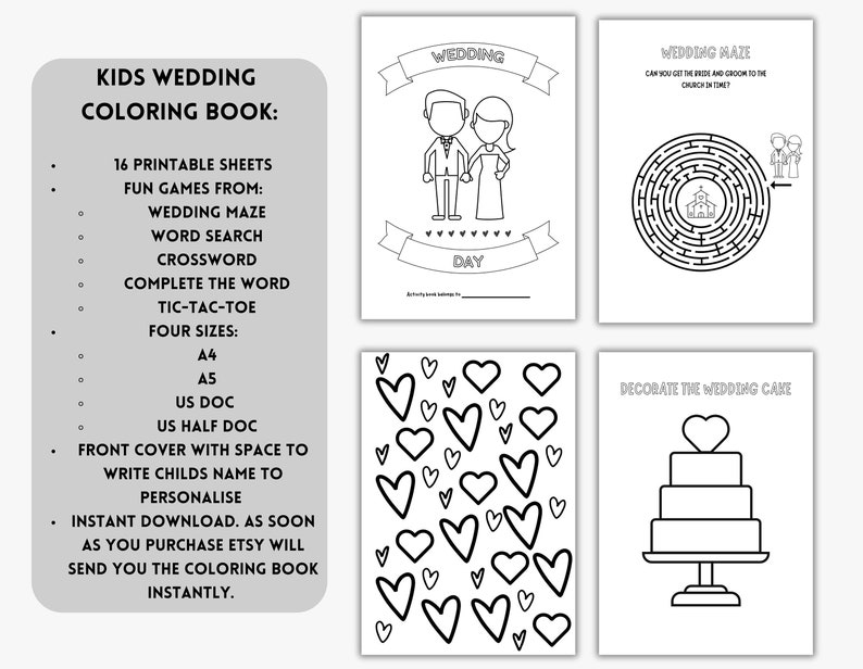 Kids Wedding Coloring Book, Games & Activities (printable PDF) - Etsy UK