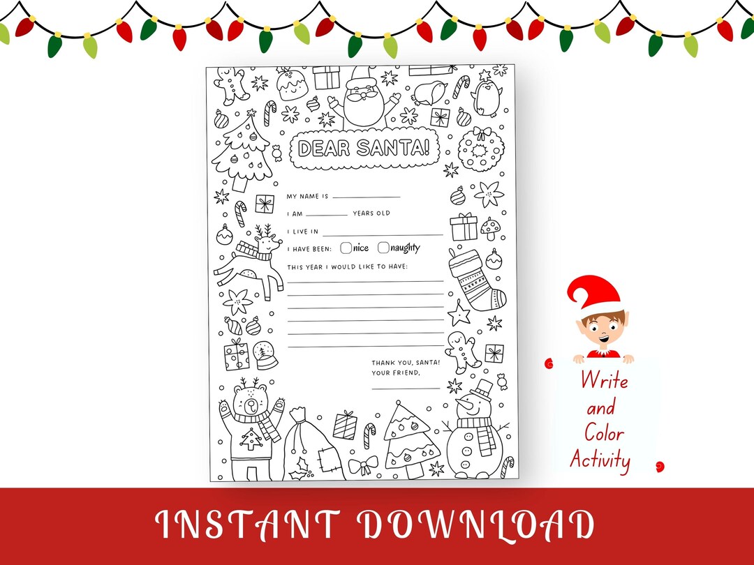 Letter to Santa Coloring Page, Printable Dear Santa Letter, Christmas ...