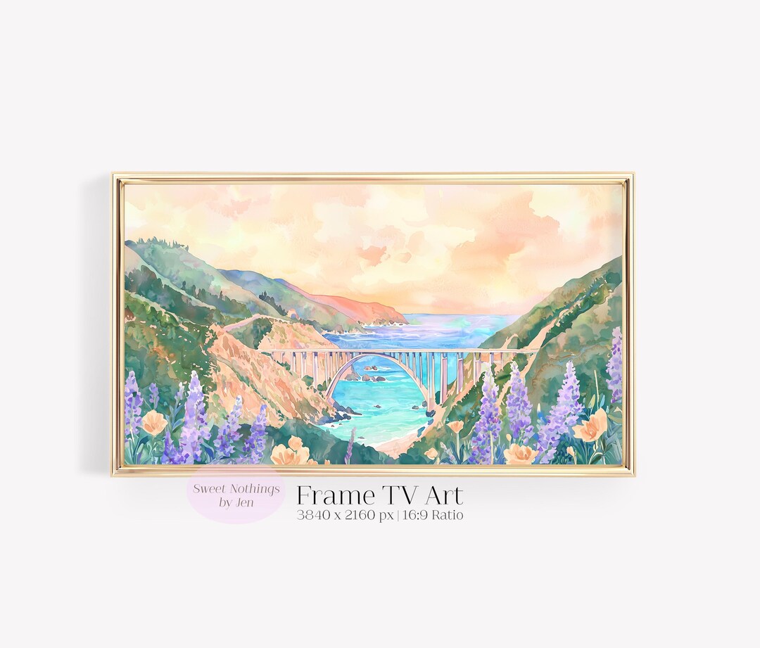 Big Sur California Frame TV Art | Bixby Bridge Watercolor Painting ...