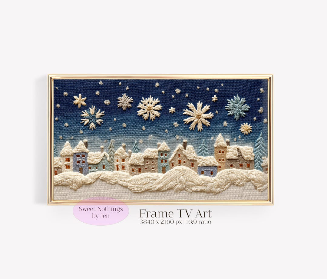 Stitched Christmas Village Frame TV Art | Cozy Winter Embroidered Decor ...