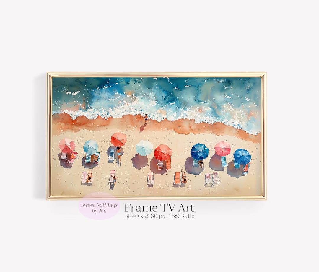 Summer Beach Frame TV Art | Ocean and Umbrellas, Coastal Decor (digital ...