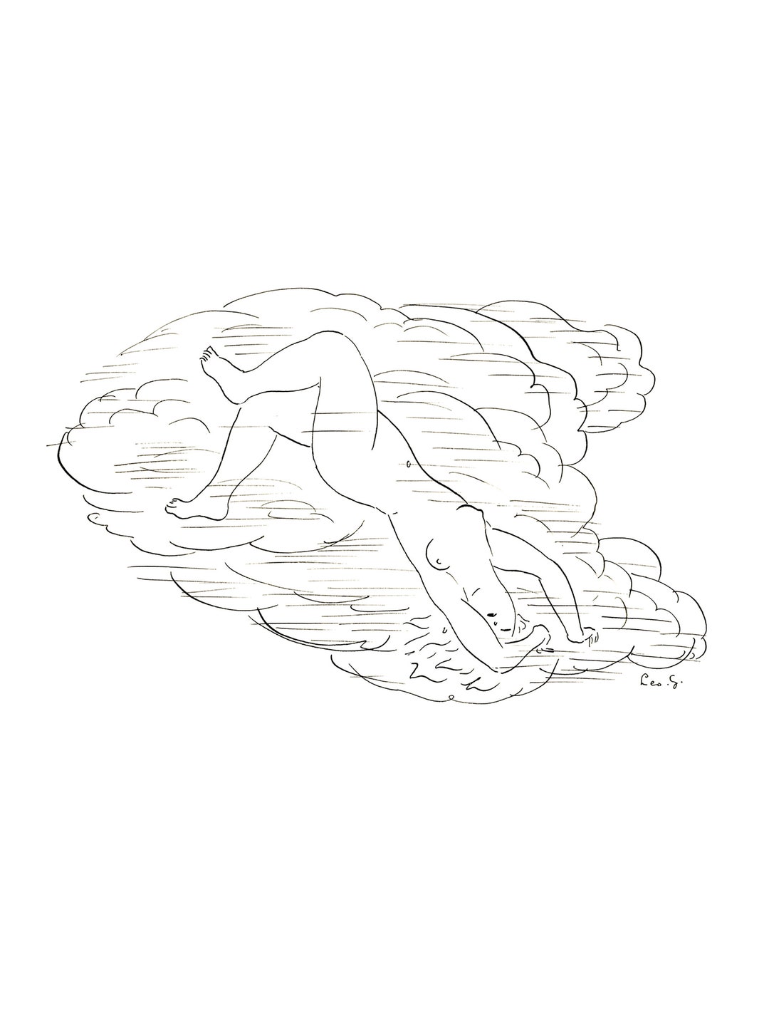 Falling Girl in Cloud, B&W Ink Drawing by Leo Gestel - Etsy
