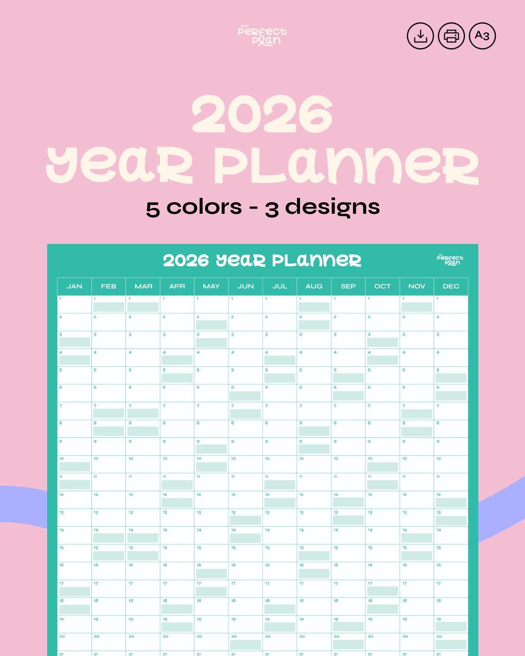 2026 Year Planner Printable One Page A3 Calendar Full Year Overview ...