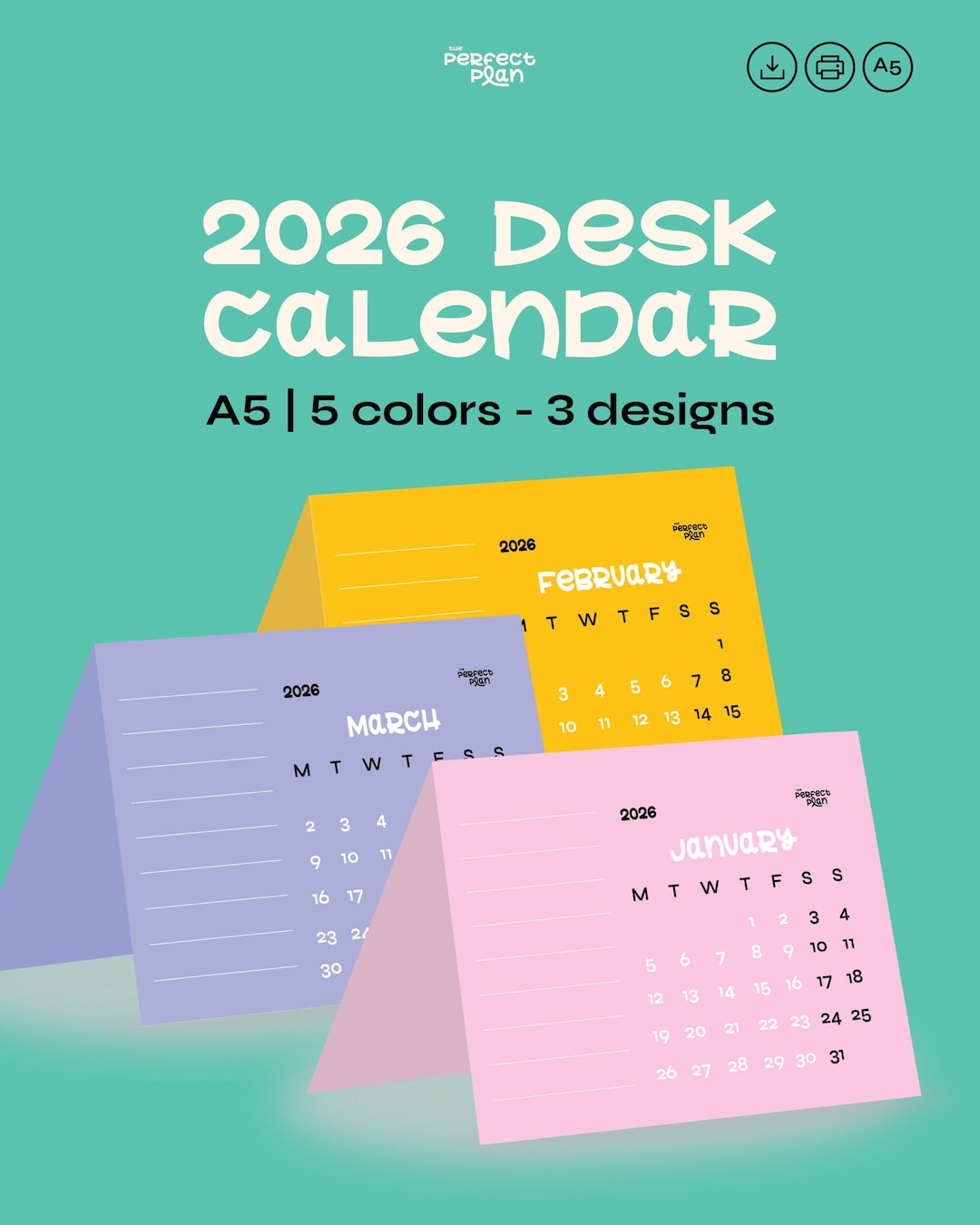 2026 Desk Calendar Printable A5 Foldable Calendar Digital Download 12 ...