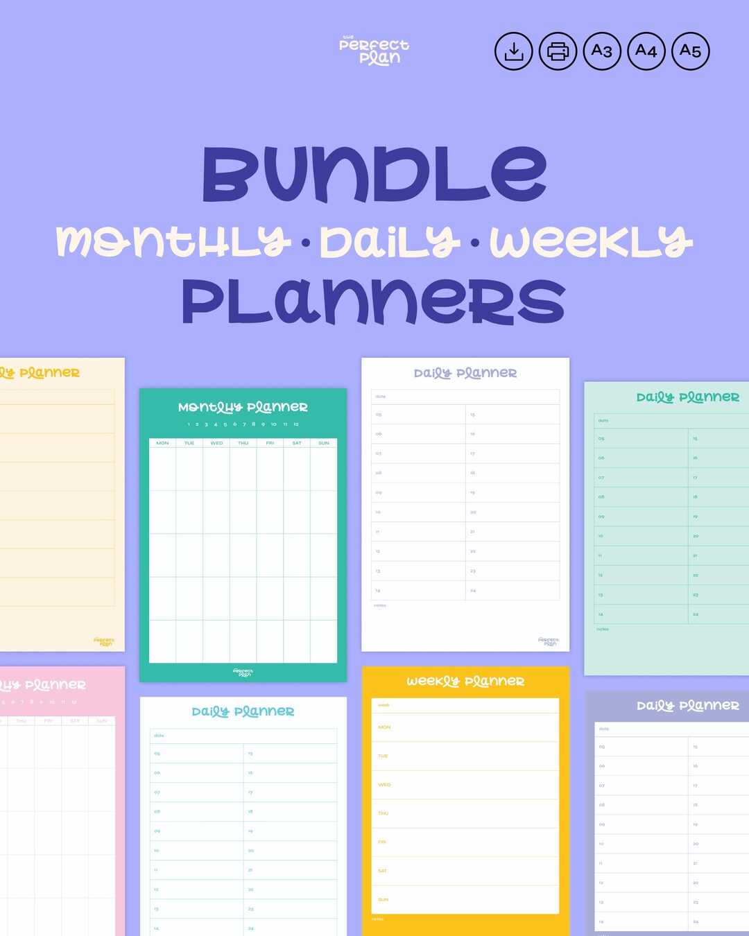 Planner Bundle Printable Daily, Weekly & Monthly Templates 5 Colors 3 ...
