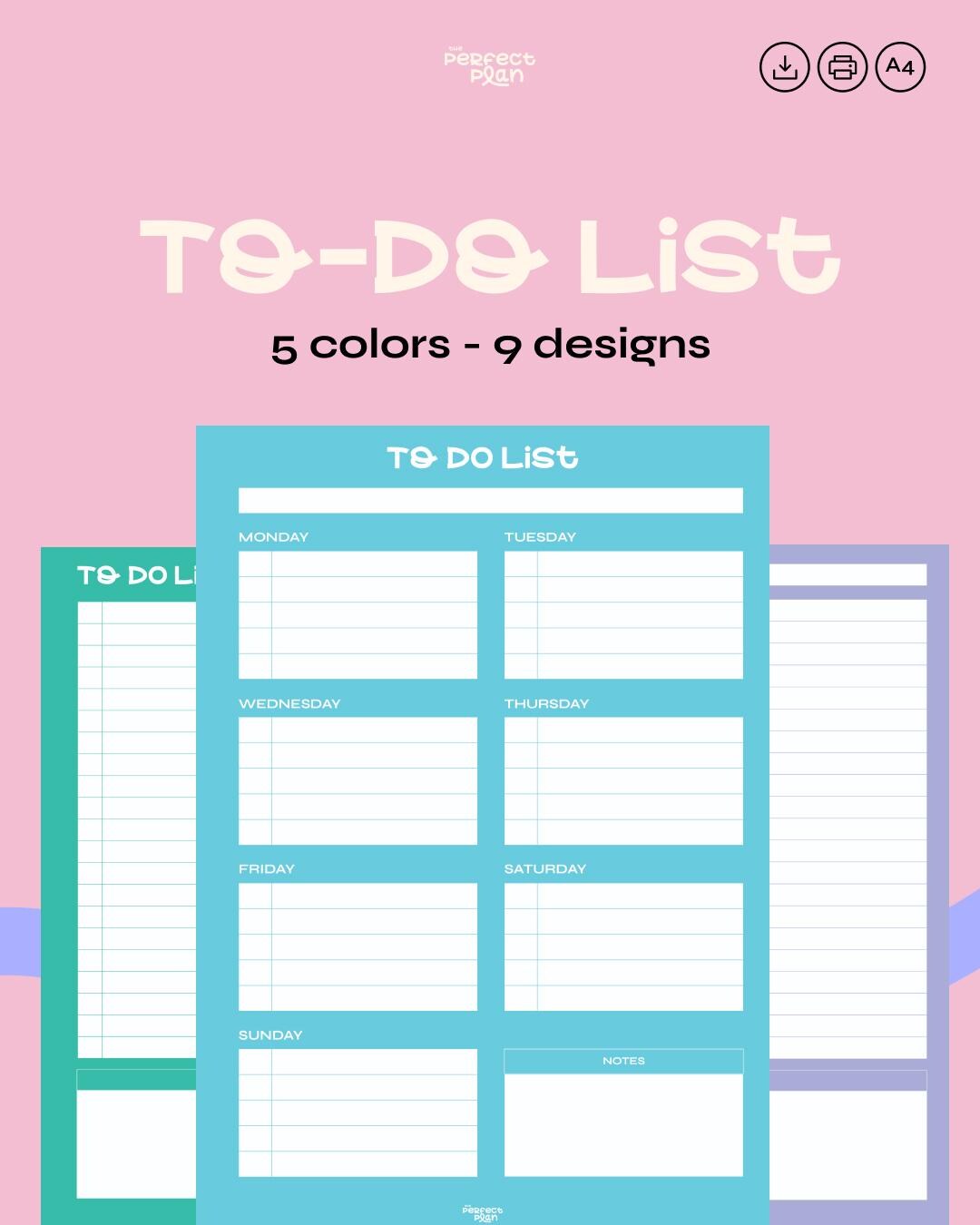 Printable To-do List 5 Colors 9 Designs Daily & Weekly Task Planner A4 ...
