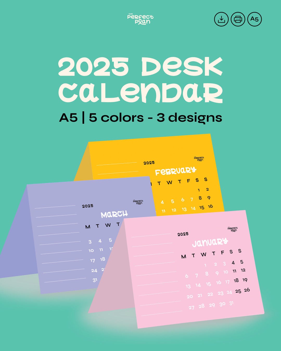 2025 Desk Calendar Printable A5 Foldable Calendar Digital Download 12 ...