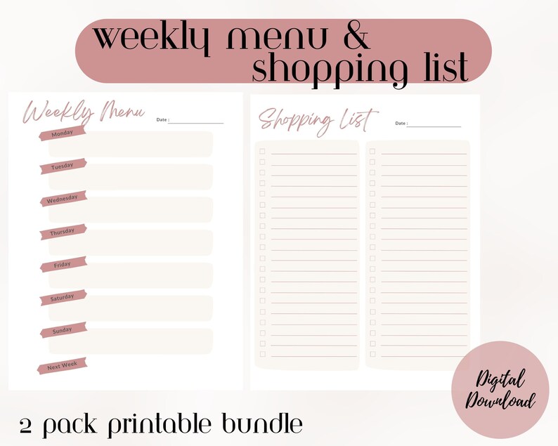 Printable Weekly Menu and Shopping List. PDF Digital Editable List ...