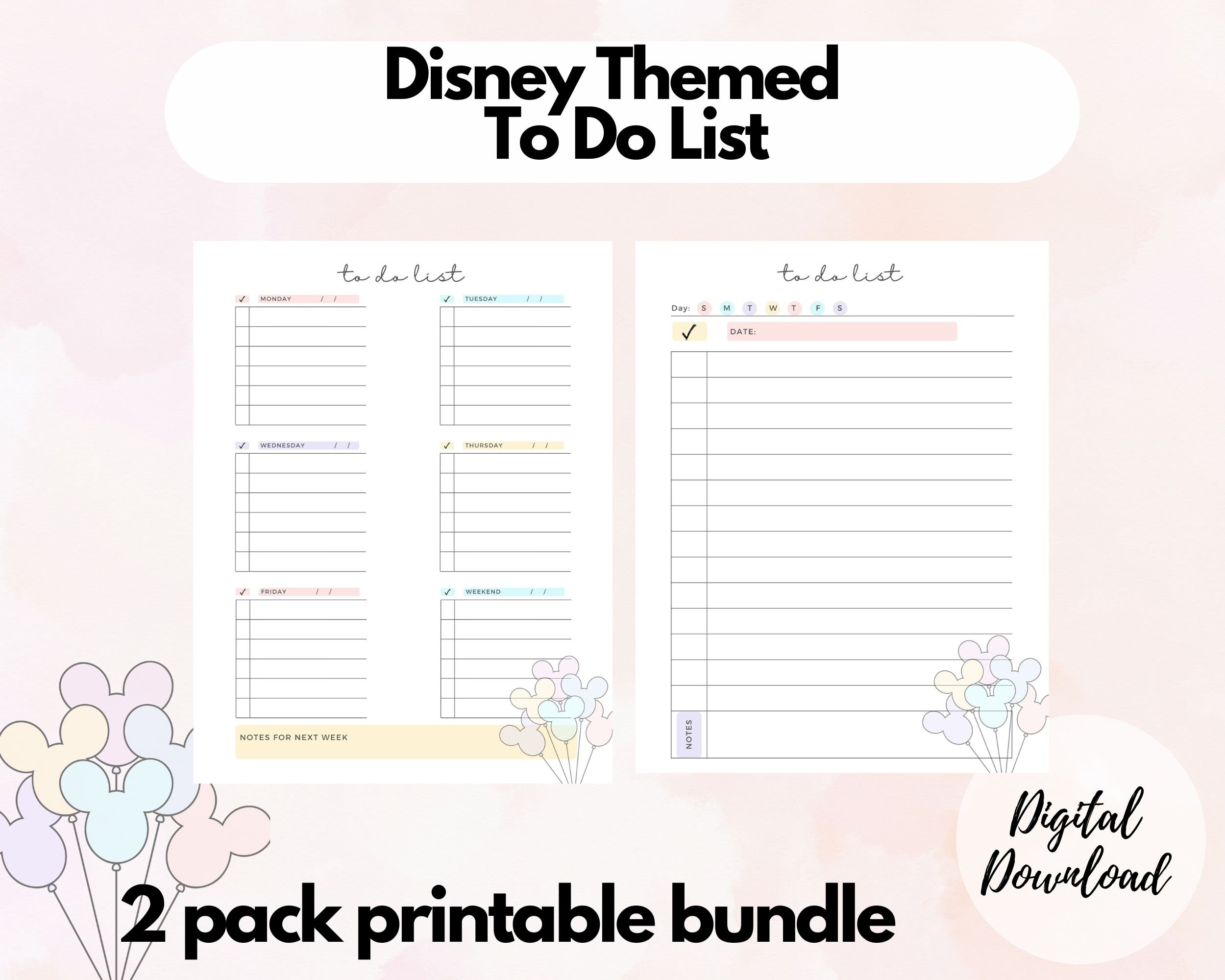WDW Theme Printable to Do List . Daily Weekly Organize Check List. PDF ...