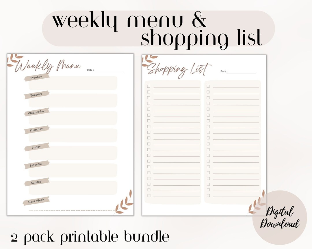 Printable Weekly Menu and Shopping List. PDF Digital Editable List ...