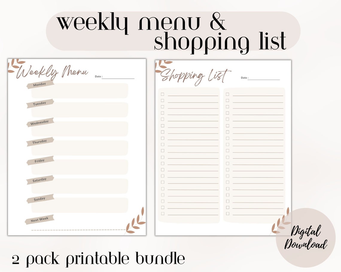 Printable Weekly Menu and Shopping List. PDF Digital Editable List ...