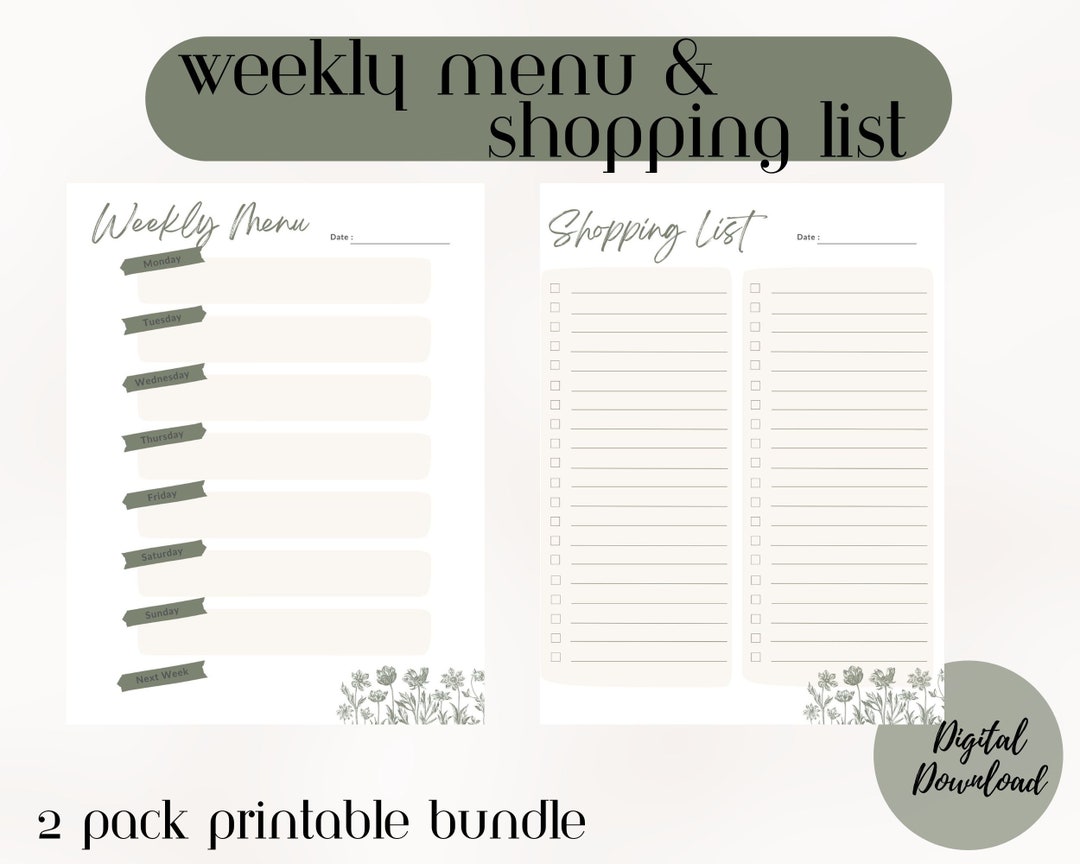 Printable Weekly Menu and Shopping List. PDF Digital Editable List ...