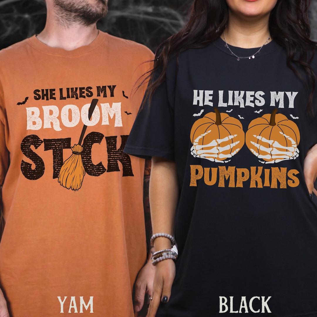 Couples Halloween Costume Matching Shirts, His Hers Pumpkin Broomstick ...