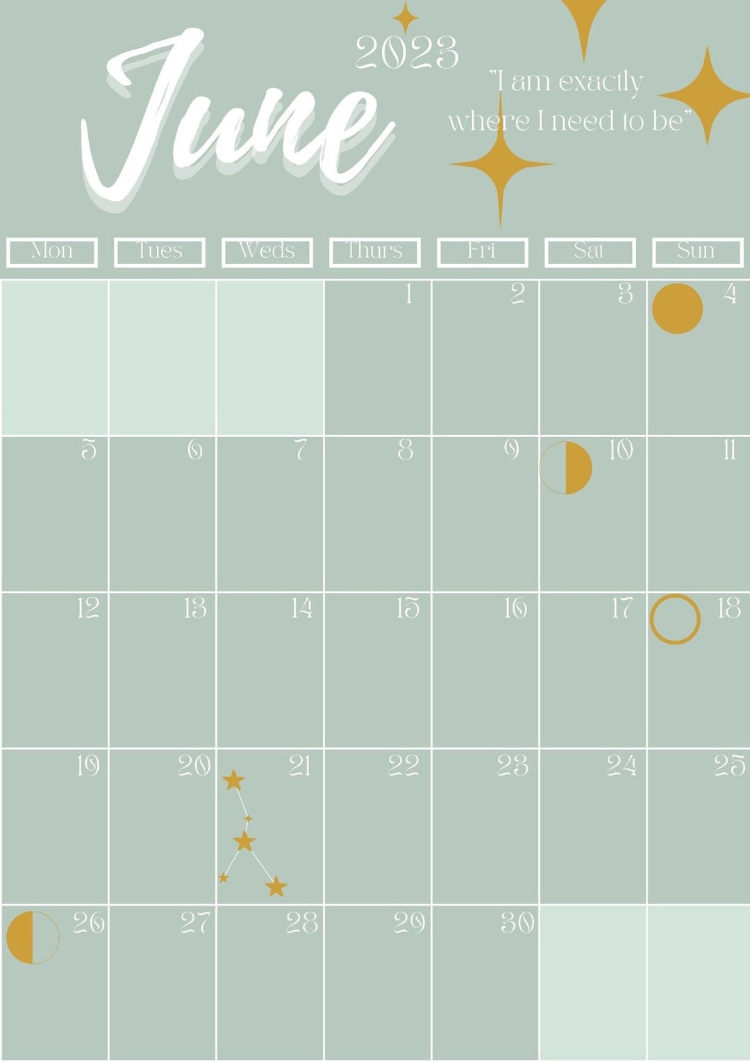 Mid-year Digital Calendar With Affirmations, Moon Phases, Astrology ...